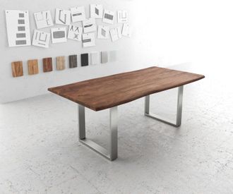 DELIFE Esstisch Edge 200x100 Akazie Braun Edelstahl Schmal Live-Edge, Esstische, Baumkantenm&ouml;bel, Massivholzm&ouml;bel, Massivholz