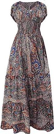 Generic Robes d&eacute;t&eacute; 2026 boh&egrave;me pour femmes, manches courtes, ample, d&eacute;contract&eacute;e, col en V, taille haute, imprim&eacute; boh&egrave;me, robe longue, Orange, XXL