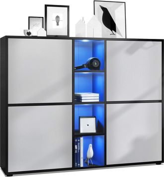 Vladon Highboard Cuba V3, Made in Germany, Schwarz matt/Hellgrau seidenmatt inkl. LED - Moderne Anrichte mit 12 Fächern (130,5 x 105,5 x 35,5 cm)
