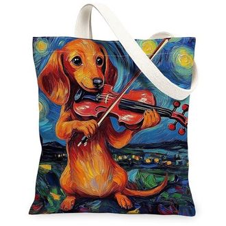 Generic Sac fourre-tout en toile motif teckel pour faire du shopping, 33 x 38,1 cm, motif violon &eacute;toil&eacute;, sac d&eacute;picerie r&eacute;utilisable pour femme, animal domesti