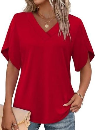 Generic T-shirt d&eacute;t&eacute; &agrave; col en V pour femme, tendance, d&eacute;contract&eacute;, habill&eacute;, &agrave; manches courtes, haut l&eacute;ger, extensible, pour lautomne, Rouge, XXL