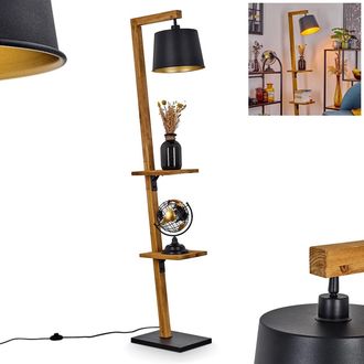 HOFSTEIN Stehleuchte Baval, moderne Stehlampe aus Metall/Holz in Schwarz/Natur/Goldfarben, Standlampe m. verstellbarem Schirm, Fu&szlig;schalter am Kabel u. Ablagefl