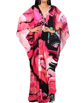 Bsubseach Plus Size Caftan Kleider f&uuml;r Damen Strandkleid Fledermaus &Auml;rmel Sommer Maxi Kaftan Kleid Rose Rot Floral