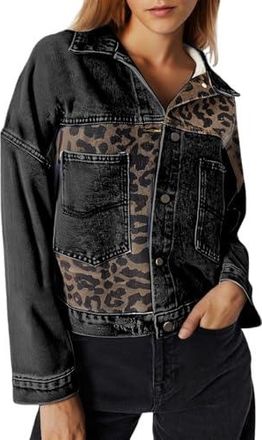 Generic Vestes en denim d&eacute;contract&eacute;es pour femme avec poches en patchwork et coupe ample, parfaites pour toutes les saisons, Noir, XXL