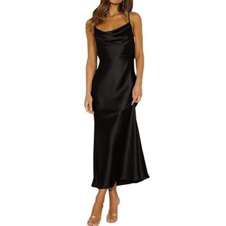 Generic Robe midi &eacute;l&eacute;gante avec bretelles spaghetti en satin - Col cascade - Dos nu - Robe midi &eacute;l&eacute;gante avec fronces &agrave; larri&egrave;re - Robe Cendrillon, Noir, XXL