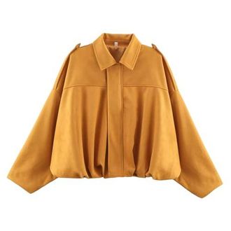 Generic Veste bomber en faux daim pour femme, manteau court d&eacute;contract&eacute; &agrave; revers et manches tendance streetwear, Jaune gingembre, XL