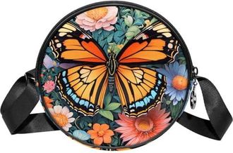 Generic Sac &agrave; bandouli&egrave;re rond pour femme, petit sac &agrave; bandouli&egrave;re avec fermeture &eacute;clair, bretelles r&eacute;glables, style d&eacute;contract&eacute;, motif papillon