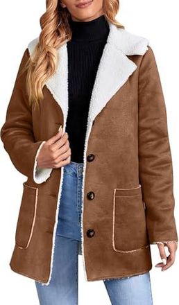 Generic Manteau polaire pour femme - Manteau dhiver doublé en daim et cuir de daim - Manteau mi-long à revers cranté - Vêtement dextérieur pour entraînement, 