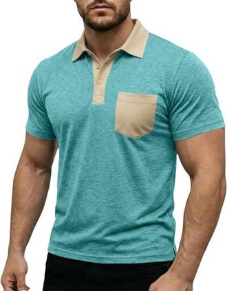 Generic DENGJIAMY Polo patchwork pour homme avec boutons Tredny et col en V - T-shirt d&eacute;t&eacute; &agrave; manches courtes - Chemises de golf pour activit&eacute;s en plein air - 