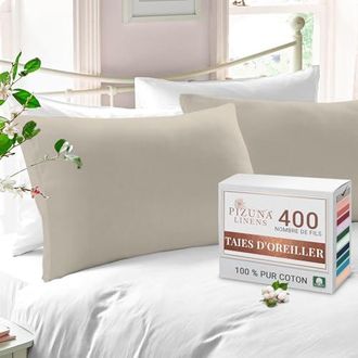 Pizuna Coton Peigné Set de 2 Taies doreiller 50x75 cm Simplement Taupe, 100% Coton Longue Tige 400 Fils Armure Satin Taies doreiller en Coton 50x75 avec Raba