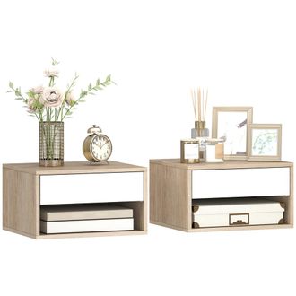 HOMCOM 2er-Set Wand-Nachttische, h&auml;ngende Nachttische mit ausziehbarer Schublade, offenes Fach, Tablett, moderner Stil, 37 x 32 x 21 cm, Naturholz und Wei&szlig;