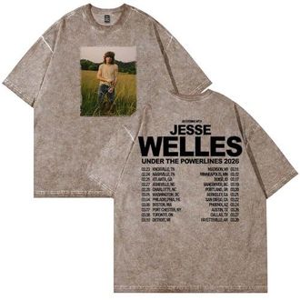 Generic Jesse Welles Under The Powerlines Tour 2026 T-shirt en coton d&eacute;lav&eacute; unisexe &agrave; manches courtes et col rond, marron, 3XL