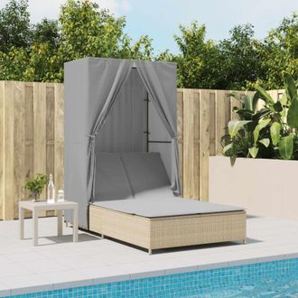 vidaXL Doppel-Sonnenliege mit Dach und Vorh&auml;ngen Beige Poly Rattan - Vidaxl