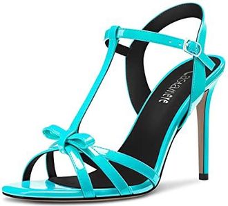 Castamere Femmes Aiguille Haut High Talon Heel Ouvert Bout Lanières Cheville T-strap Noeud Papillon Sandales Danse Décontracté 10 CM Heels Bleu Cyan 44 EU