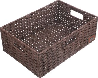 Amosfun Aufbewahrungskorb Geflochten aus Robustem Kunst Rattan mit Griffen Rechteckiger Organizer f&uuml;r B&uuml;ro und K&uuml;che zur Ordnung von Kleinteilen und Kosmetik
