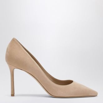 Jimmy Choo London Romy 85 Pumps aus hellbeigem Wildleder