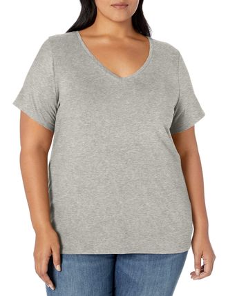 Amazon Essentials Damen Kurzärmeliges T-Shirt mit V-Ausschnitt (erhältlich in Übergröße), Hellgrau meliert, 6XL Große Größen