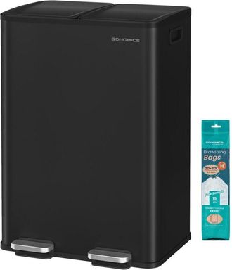 Songmics Poubelle de Cuisine, 2 x 30 L, 2 Compartiments, Poubelle à Pédale, Couvercle à Fermeture Douce, avec Seaux Intérieurs, Acier, 15 Sacs Poubelle