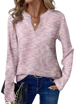 Dokotoo Damen Pullover Elegant V-Ausschnitt Langarmshirt Weich Waffelstrick Sweatshirt Herbst Winter Locker Oberteile Strickpullover Pulli, lila, S