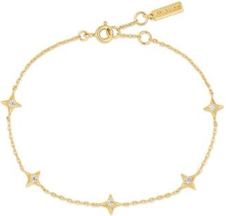 Ania Haie Bracelet pour femme Dusk Divas Stars Station en argent sterling 925 plaqu&eacute; or 14 carats, serti de 5 zircons, longueur : 16,5 cm + rallonge de 2 cm, em