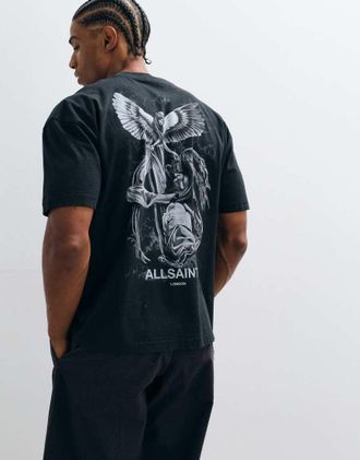 AllSaints Seraph T-Shirt mit kurzen &Auml;rmeln, Grafiklogo und R&uuml;ckenprint in verwaschenem Schwarz
