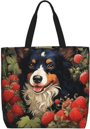 Generic Chien Et Fraise Sac A Main Femmes L&eacute;ger Sacs Grand Sac Fourre-Tout Pour Plage Shopping Travail