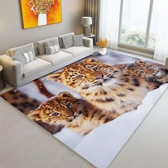 Generic Multicolore Lavable en Machine Tapis Salon Paysage enneig&eacute; dessin&eacute; &agrave; la Main l&eacute;opard, 160 x 230 cm Doux Tapis de Sol Pelucheux Dessous Antid&eacute;rapant, E