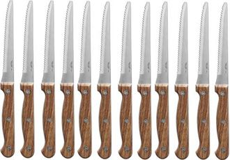 Pintinox Prima Collection Lot de 12 couteaux &agrave; steak bout rond en acier inoxydable, manche effet bois
