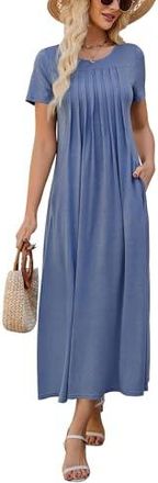 Kilig Cosmetics Robes d&eacute;t&eacute; pour Femmes, Robe Longue &agrave; Manches Courtes, Robe Longue pliss&eacute;e avec Poches Blue 01, M