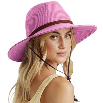 Dreshow Damen Panama Hut Sommer Breiter Krempe Stroh Fedora Sommerhut Strandhut UV Sonnenhut mit Kinnriemen Verstellbare Strohhut UPF 50 +