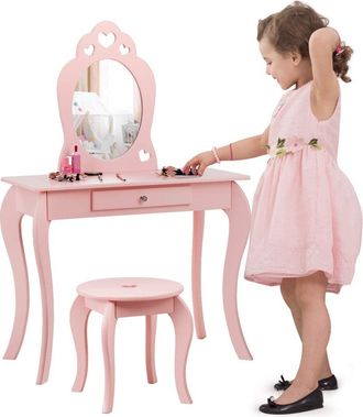 Giantex Kinder Schminktisch mit Hocker, Make-up Tisch Kosmetiktisch mit Schubladen, Abnehmbarer Spiegel, Mädchen Frisiertisch Set Frisierkommode Holz (pink)