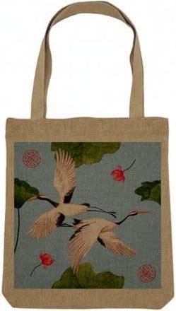Fabulous Sac Shopping Tote Bag Aspect Lin - Grue en Vol Bleu Style Japonais Motif Estampe Design Traditional - Sac de Courses Toile Epaisse 360g Beige Naturel 