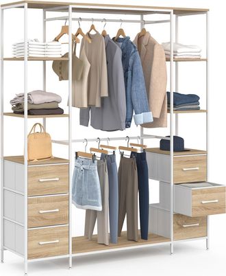IDMarket Armadio Doppio Utah + Colonna Doppia L. 140 Cm Con 6 Ripiani E 6 Cestini In Legno E Tessuto Bianco