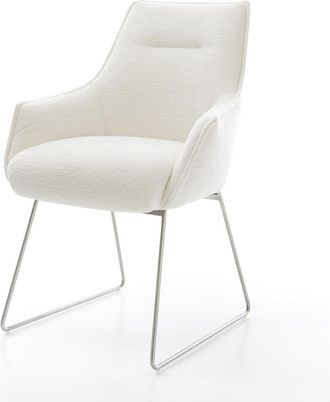 DELIFE Esszimmerstuhl Alja-Flex mit Armlehnen Boucl&eacute; Soft Beige Kufengestell Edelstahl Taschenfederkern, Esszimmerst&uuml;hle