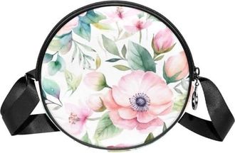 Generic Petit sac &agrave; bandouli&egrave;re circulaire pour femme, motif feuilles florales, sac &agrave; dos avec fermeture &eacute;clair, bretelles r&eacute;glables, sac &agrave; main rond d&eacute;contra