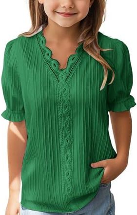 Generic Chemisier Chic Fille Manches Court - Haut Enfants Chic Et Elegant Tops Couleur Unie Chemise Col V Hauts avec Manches Shirt Respirant T-Shirt Soir&eacute;e Ch