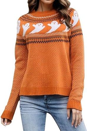 Generic 2026 Printemps Femmes Automne Hiver Casual Mode Col Rond Halloween Motif Couleur Tricot Pull Pull, Orange, XXL