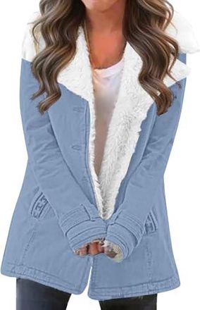 Generic Veste dhiver chaude en polaire Sherpa doubl&eacute;e de grande taille avec revers boutonn&eacute;, manteau dext&eacute;rieur en composite tendance pour femme, bleu clair, 