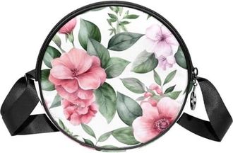 Generic Petit sac &agrave; bandouli&egrave;re circulaire pour femme, motif feuilles florales, sac &agrave; dos avec fermeture &eacute;clair, bretelles r&eacute;glables, sac &agrave; main rond d&eacute;contra
