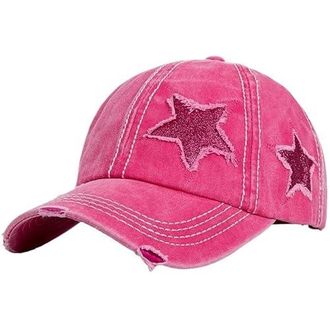 Generic Casquette de baseball en coton délavé avec motif étoile à cinq branches - Chapeau élégant à bord incurvé pour femme, rose, taille unique