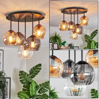 HOFSTEIN Deckenleuchte Koyoto, 5-flammige Deckenlampe aus Metall/Riffelglas in Schwarz/Rauch/Bernstein/Klar, Leuchte im Vintage-Design (Schirme Ø 15 cm), E14, 