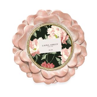 Laura Ashley Round Resin Ornate Flower Design Picture Frame with Beaded Border, for Tabletop and Wall Display, Floral Home Décor (Pink with Gold)
