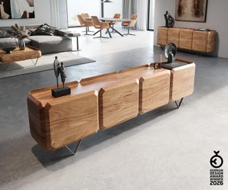 DELIFE Lowboard Kiano 220 cm Akazie Natur 4 T&uuml;ren V-Fu&szlig; Edelstahl Raumteiler, Fernsehtische