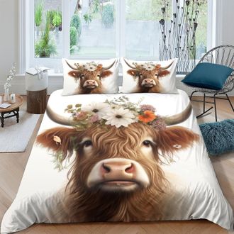 Generic Bettbezug Tier Isches Hochlandrind 135X200 cm 3D Bettw&auml;sche-Sets Kuschelig Leicht Mikrofaser 3 Teilig Linie Bettbez&uuml;ge Versteckter Rei&szlig;verschluss Mit 