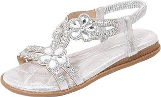 Generic Sandales Femme Boho Strass Fleurs Elegant Brides Élastiques À La Cheville Bout Ouvert Sandales De Plage Légères Confortable Plage Vacances Chaussures 