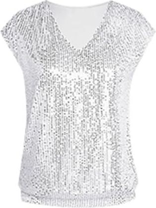 Generic 2025 Chic Et &Eacute;l&eacute;gant Col en V Sequin T-Shirt Disco Casual Loose Haut Sexy Manches Longues F&ecirc;te Soir&eacute;e Hauts V&ecirc;tements Tunique