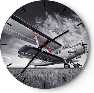 Arttor Modern Wanduhr Flugzeug An-2 Schwarzweiß 30x30cm Rund Klein Wand Uhr Glas Analog Zimmeruhren Küche Büro Wohnzimmer Glasuhr Wall Clock Dekoration Desig