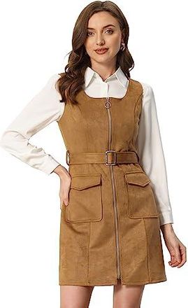 Allegra K Robe en simili daim pour robe chasuble à col rond pour femmes marron XL