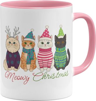 OM3 Meowy Christmas Kaffee-Tasse mit s&uuml;&szlig;en K&auml;tzchen - Weihnachtstasse 4 niedliche Katzen IV - Keramik Becher - 325ml - Beidseitig Bedruckt - Rosa