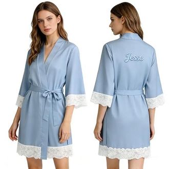 Generic Robe de chambre kimono brod&eacute;e personnalis&eacute;e en satin avec bordure en dentelle et col en V pour mari&eacute;e, demoiselles dhonneur et cadeaux de mariage, ble